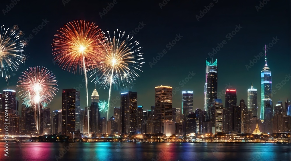 Beautiful white fireworks display on bright busy city skyline ...