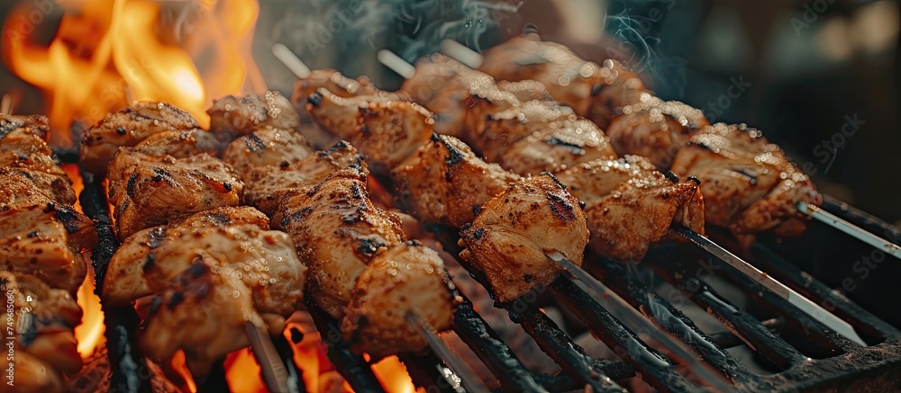 This close-up shows chicken meat sizzling on a hot iron barbecue grill ...