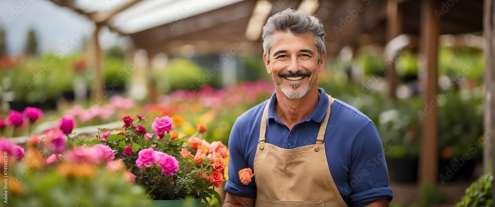 Small business owner man on farm gardening flowers plants background ...
