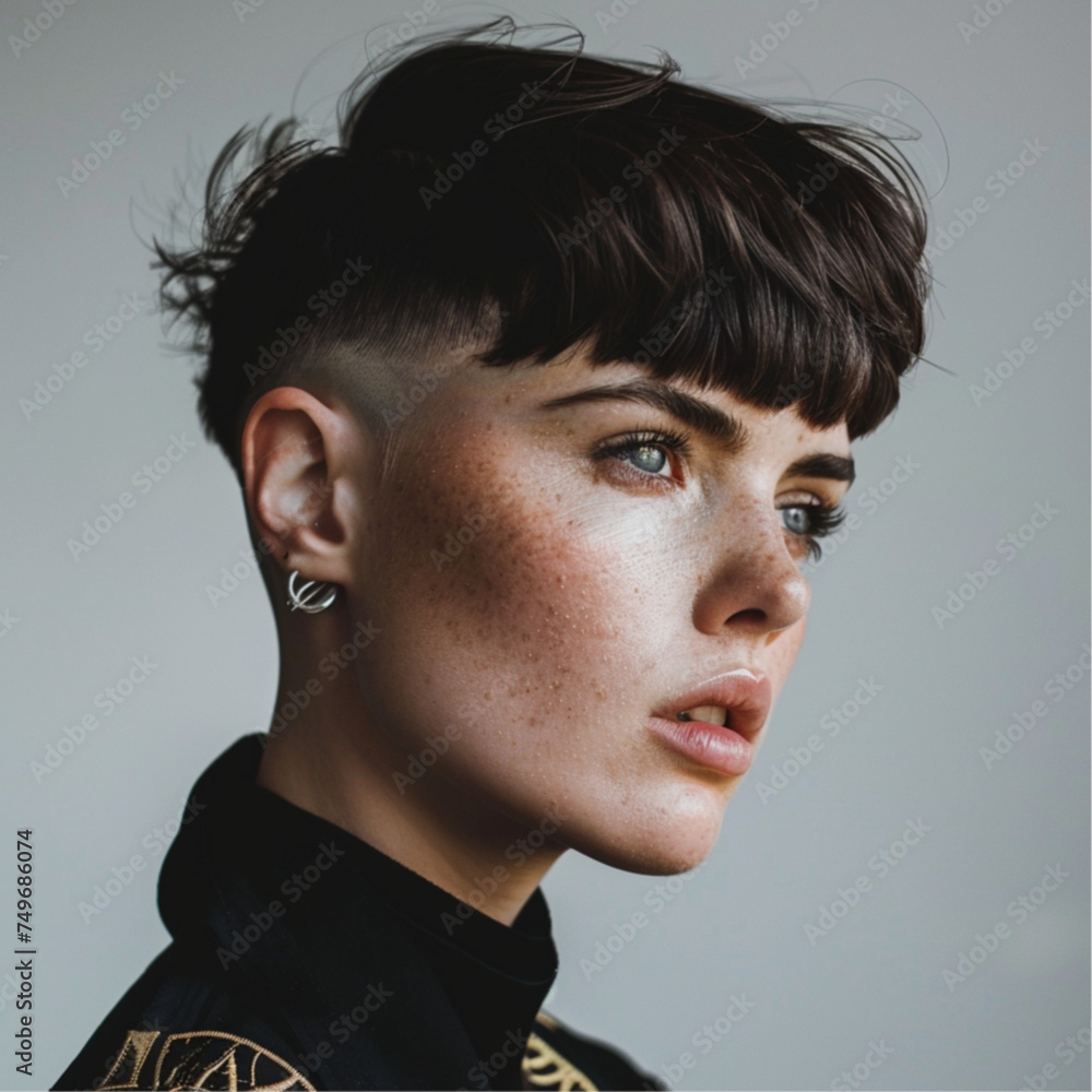 androgynous person with very short curly bowl haircut, shaved on back ...