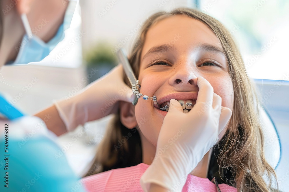 teenage girl getting her dental braces removed by orthodontist at ...
