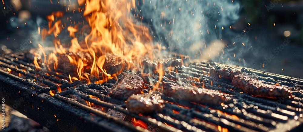 This close-up view showcases a grill with various types of food ...