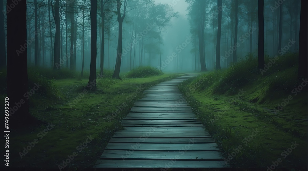 Dark scary empty road at night with thick green smog on the middle of ...