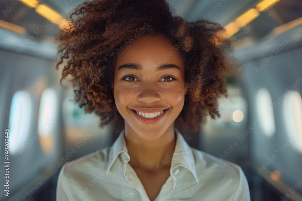 Afro woman wearing airline cabin crew uniform in commercial airplane ...