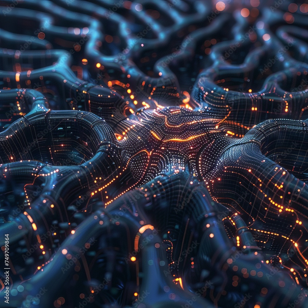 Complex neural network depicted with blue lines and glowing orange nodes, symbolizing ...