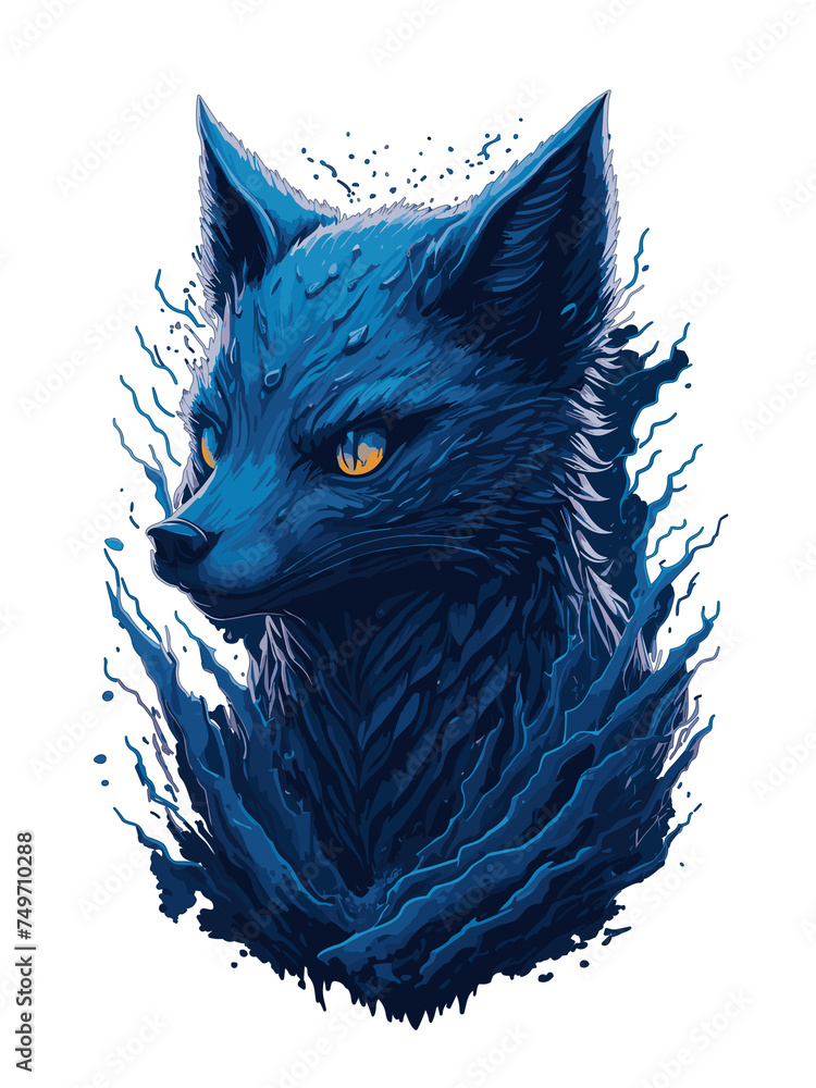 Beautiful illustration of a blue fox in profile with a lost gaze on the ...
