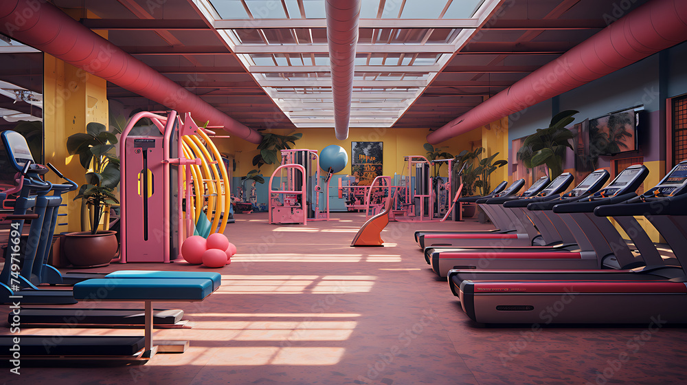 A gym with an old-school, 1980s aesthetic, featuring neon colors and ...