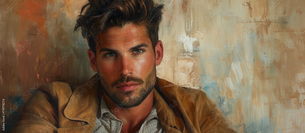 A painting depicting a man confidently posing in a leather jacket ...