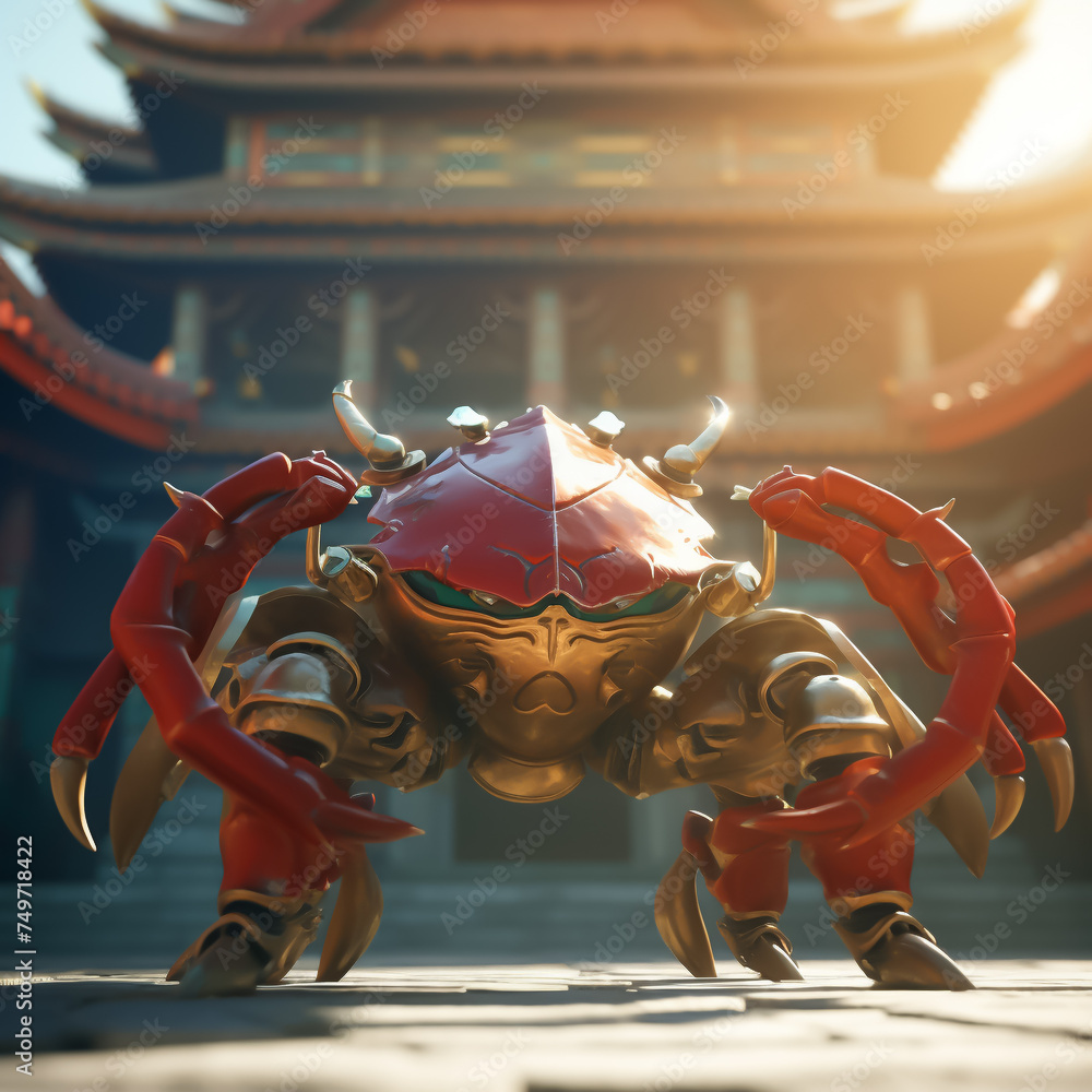 A valiant crab in ancient warrior armor defending the gates of a ...