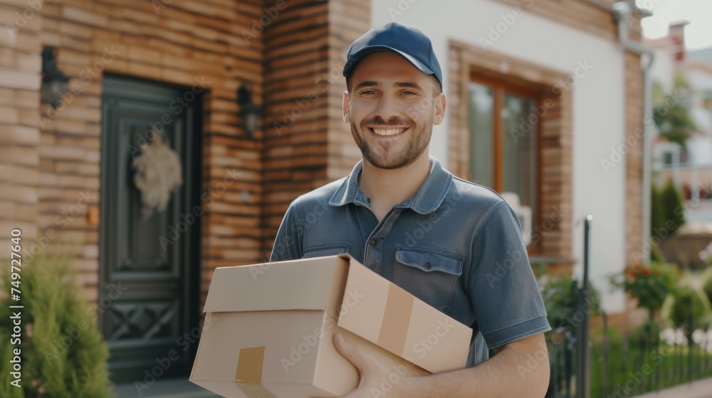 Delivery man send deliver express. online shop, paper container ...