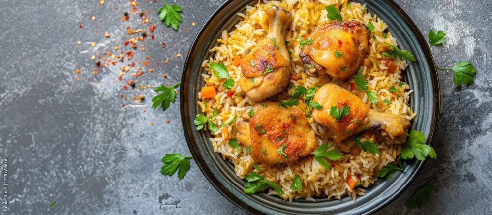 A top view of a plate containing homemade chicken kabsa rice, an ...