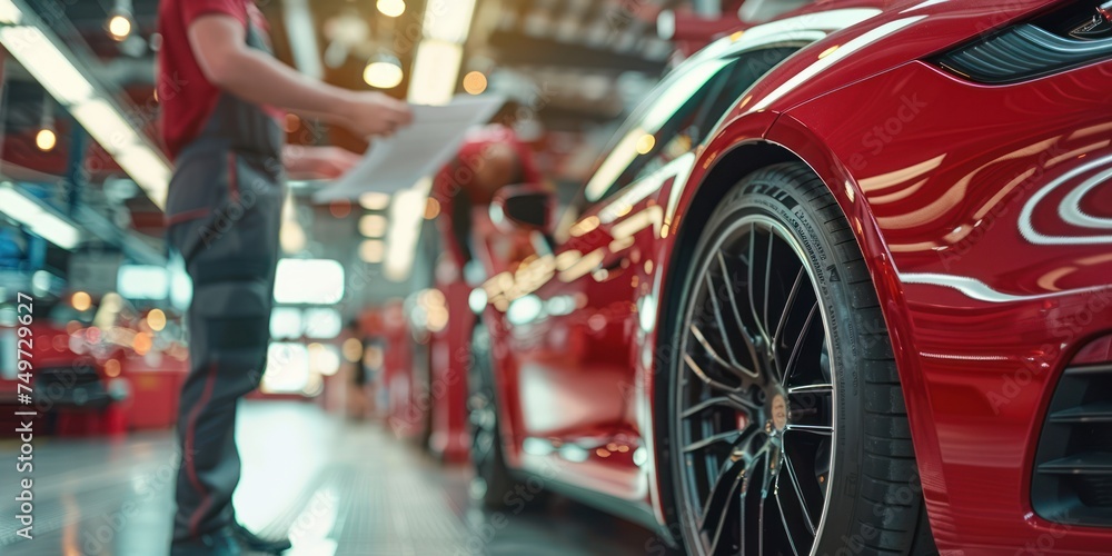 Mechanic show the car checking list for customer with blur his ...