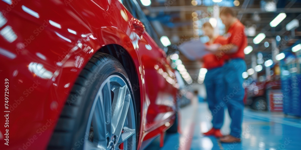 Mechanic show the car checking list for customer with blur his ...