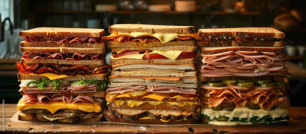 A mouthwatering stack of sandwiches is displayed on a rustic wooden ...