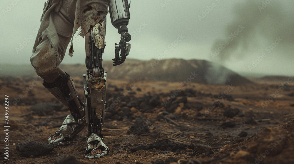 Photography of an individual with a battle-worn metal prosthetic arm ...