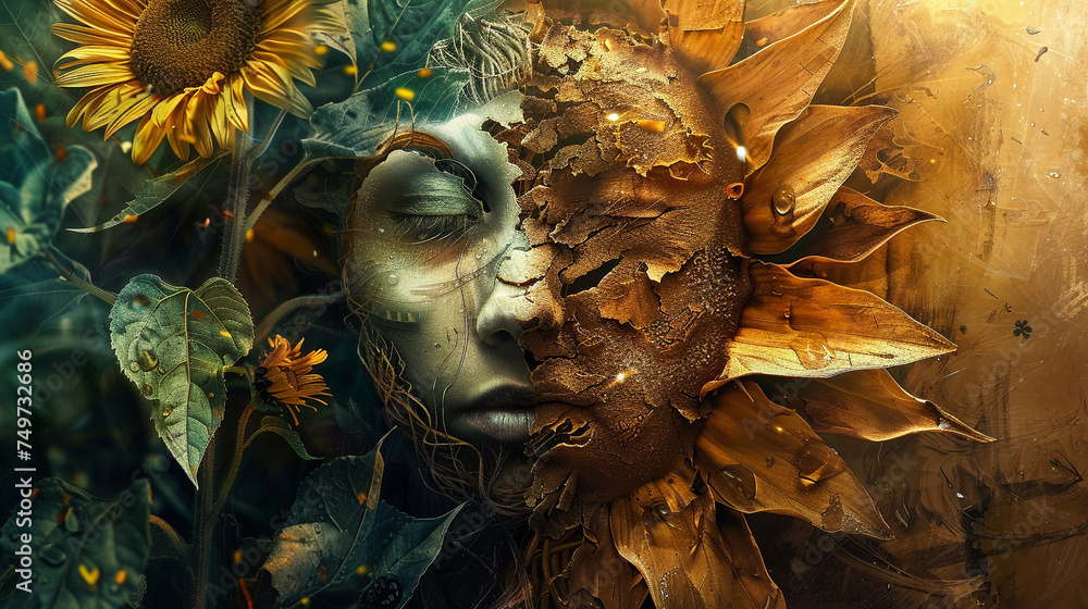 Surreal artwork of a face, half-human, half-sunflower, representing the ...