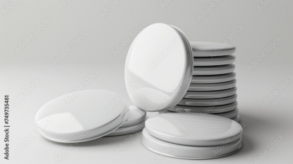 Blank white round adhesive stickers mock up with curved corner, 3d ...