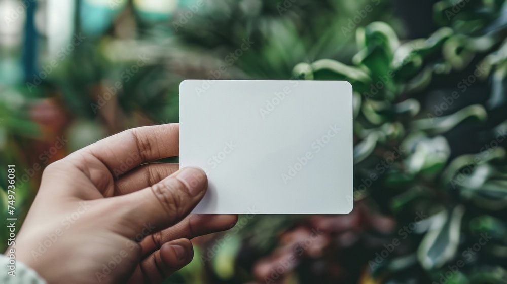 Hand hold blank white card mockup with rounded corners. Plain call-card ...