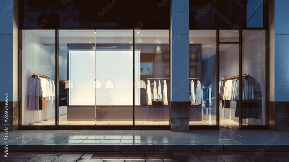 horizontal white empty signage on clothes shop front with glass windows ...
