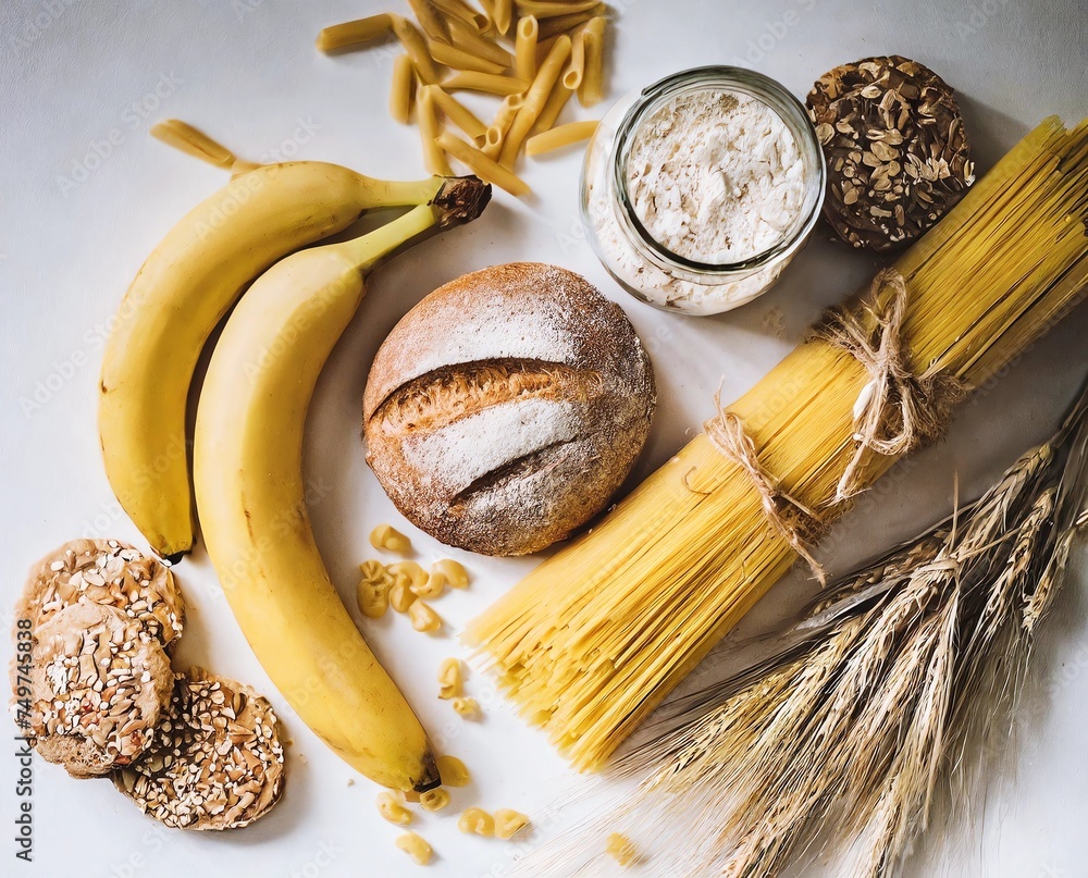 Top view of high carbohydrate food ingredients - pasta grain rice oat ...