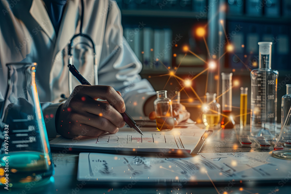Scientist with a pen over chemistry formulas on handwritten notepads ...