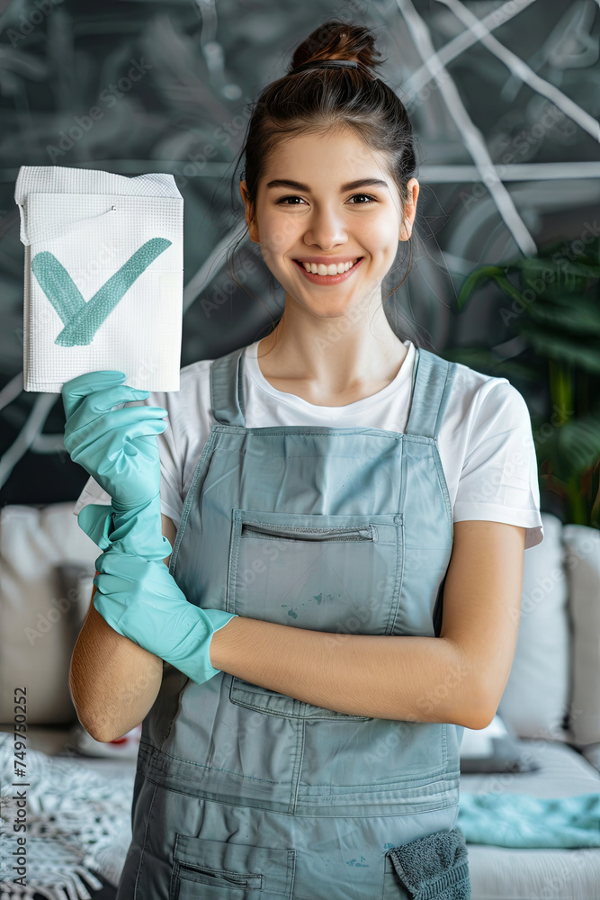 Concept of house cleaning. Cleaning lady showing a house with a check ...