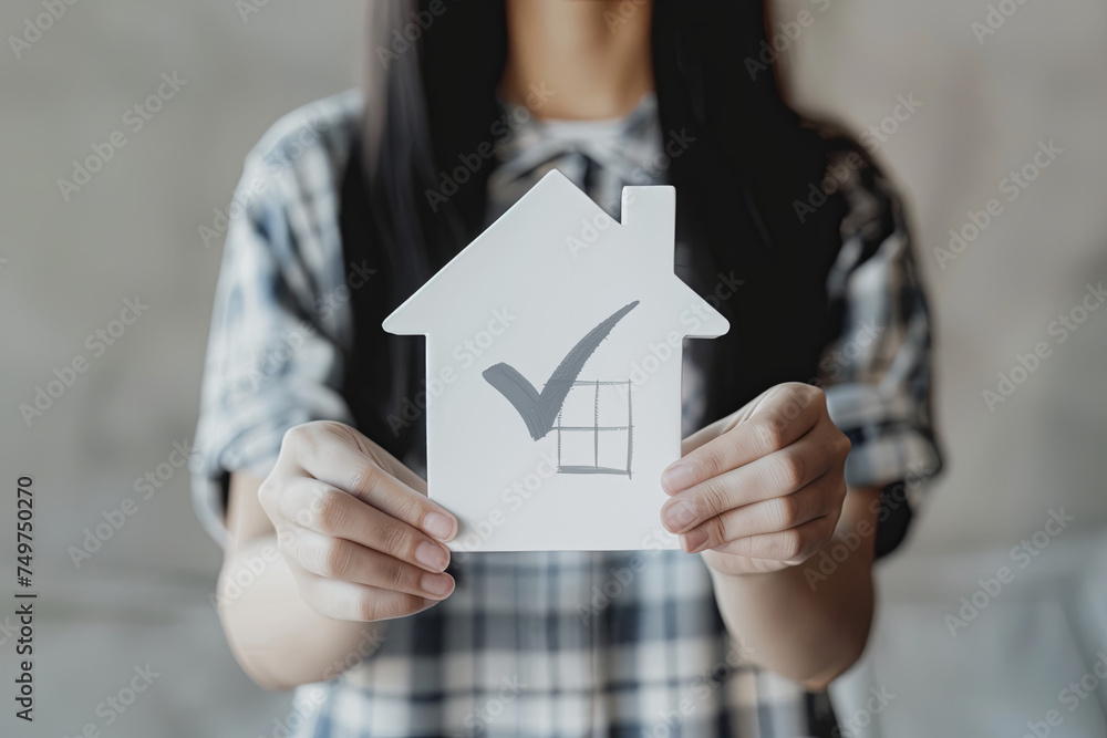 Concept of house cleaning. Cleaning lady showing a house with a check ...