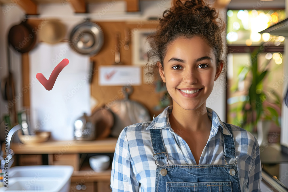 Concept of house cleaning. Cleaning lady showing a house with a check ...