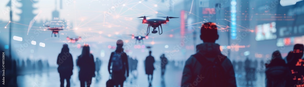 Bright close up view of 3D technology with people silhouettes blurred ...