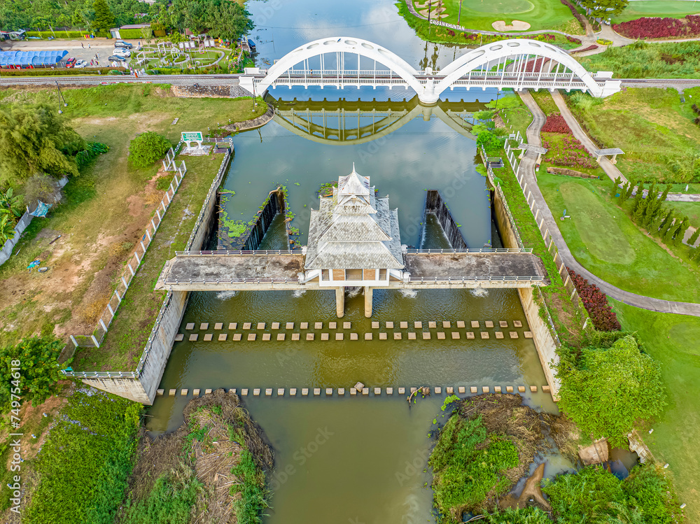 erial view, Tha Chomphu White Bridge. It is a railway bridge across the ...