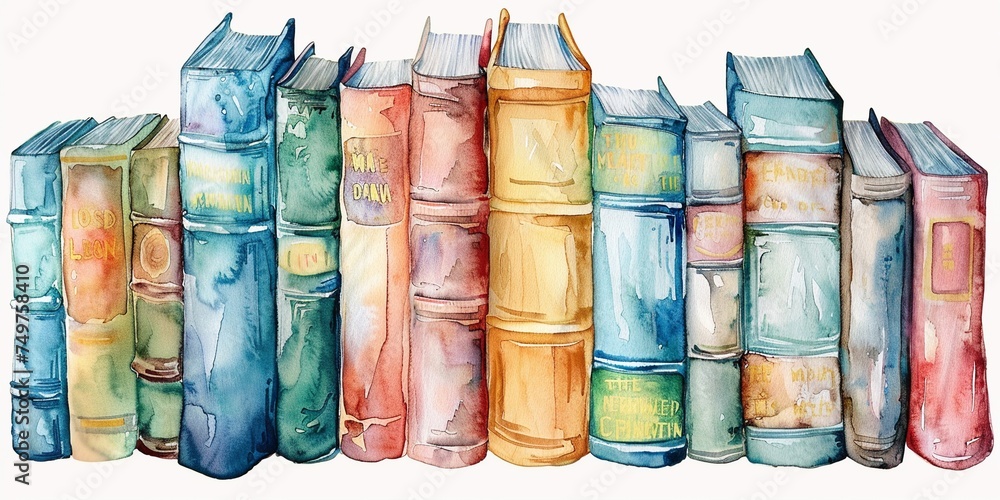 Hand drawing watercolor illustration of a row of vintage old books ...