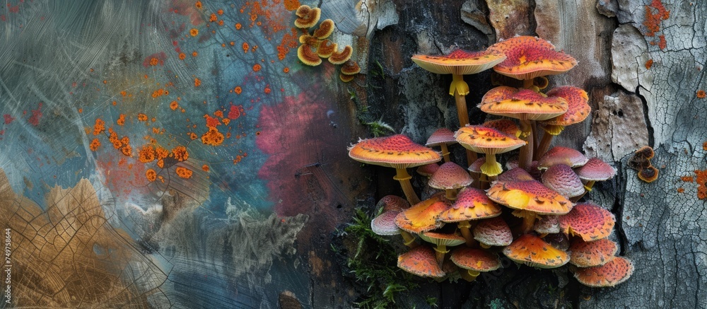 A cluster of mushrooms of various sizes and colors growing on the ...