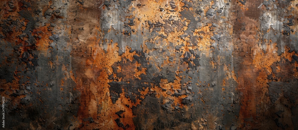 An old metal surface covered in layers of rust, showing signs of decay ...