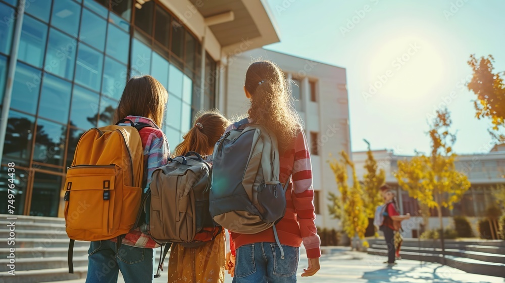 Backpack-wearing students conversing outside of the classroom Stock ...