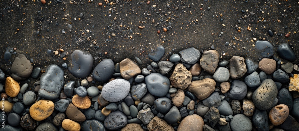 A collection of various-sized rocks placed closely together on dark ...