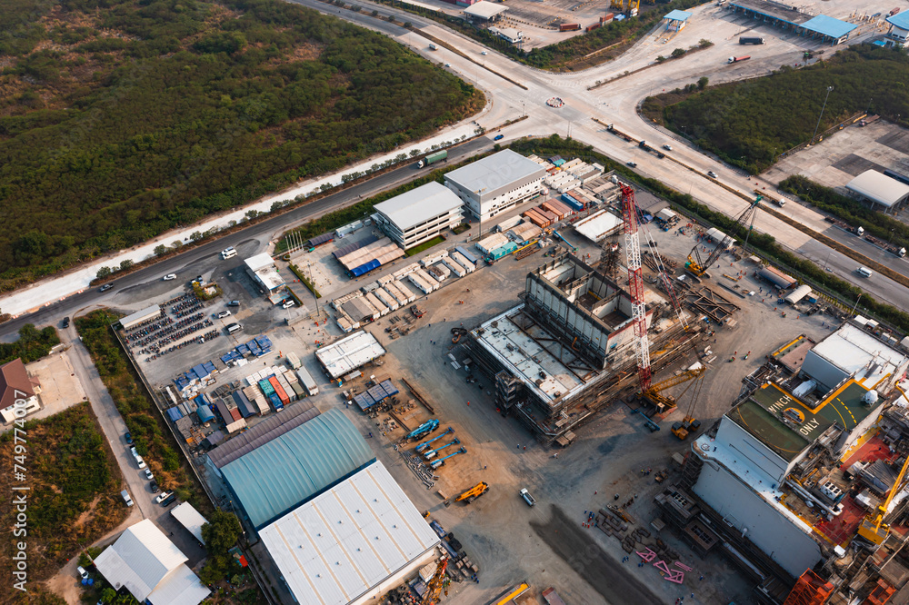 Aerial construction site top view. New construction project designed ...