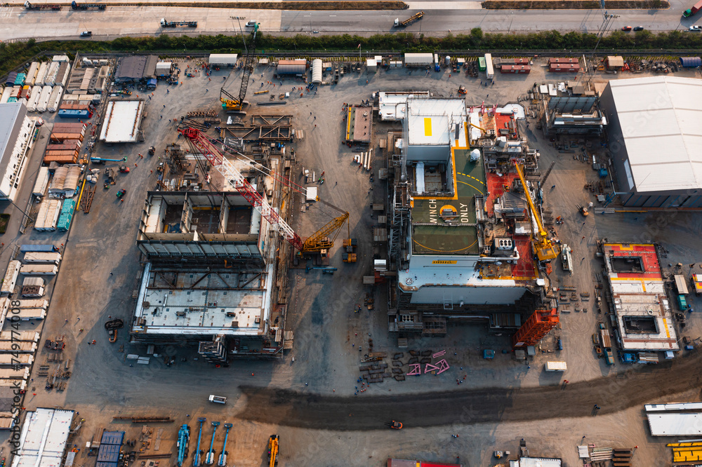 Aerial construction site top view. New construction project designed ...