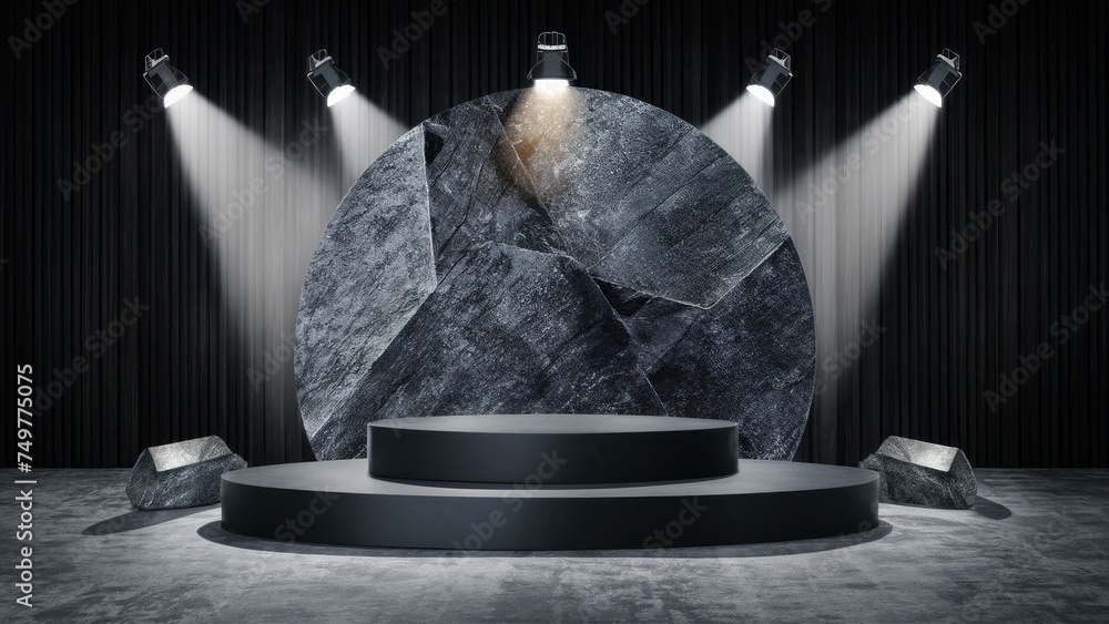 An artistic stone exhibit highlighted by spotlights in a dark, modern ...