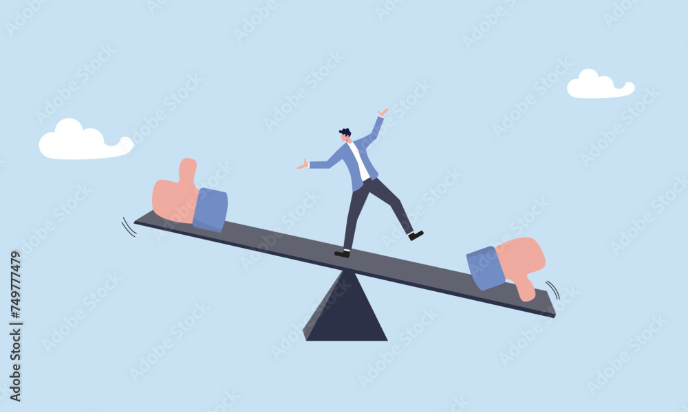 Businessman Balance On Seesaw With Thumb Up And Thumb Down Demerit And