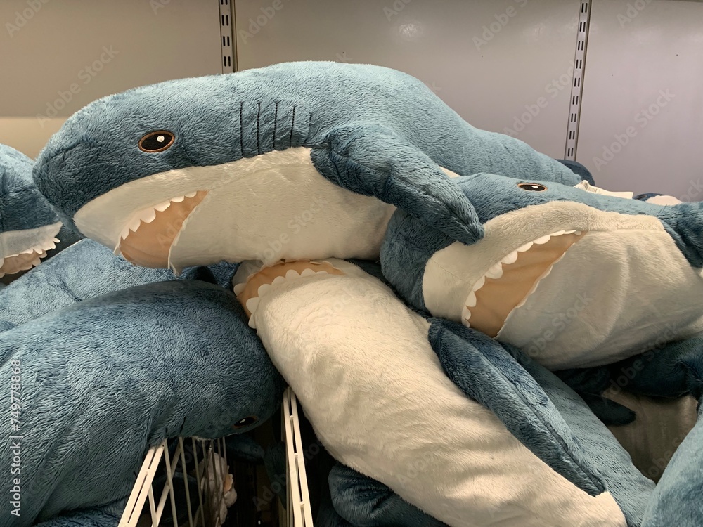 Poster Shop display full of blue and white stuffed animal sharks – Wall ...