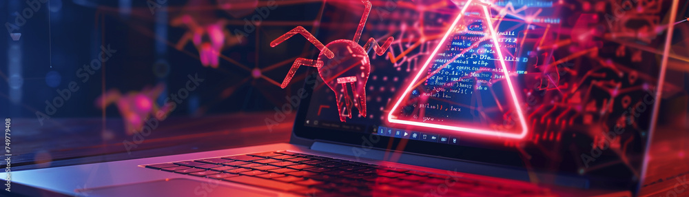 Laptop screen showing a stark caution sign with graphical bugs and ...