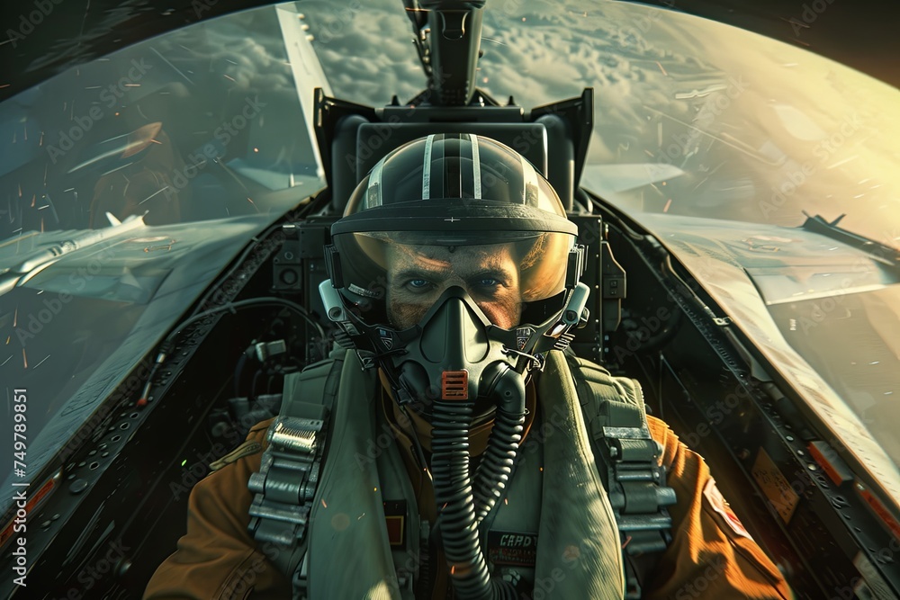 A man wearing a pilots helmet is seated inside the cockpit of a fighter ...