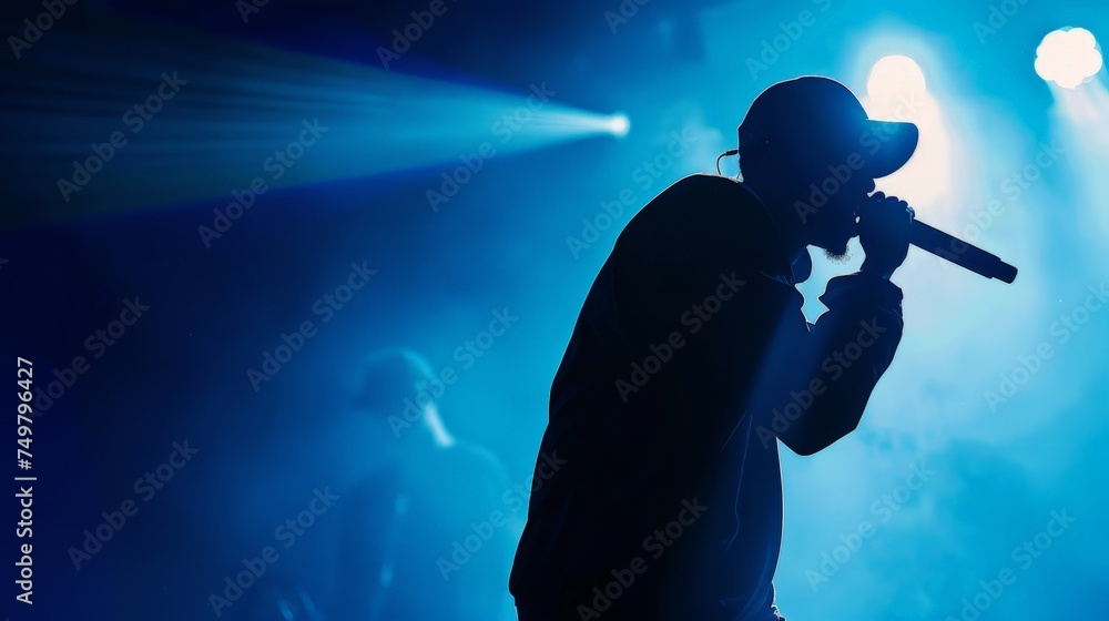 Silhouette of rap singer performing on stage. Bright blue background ...
