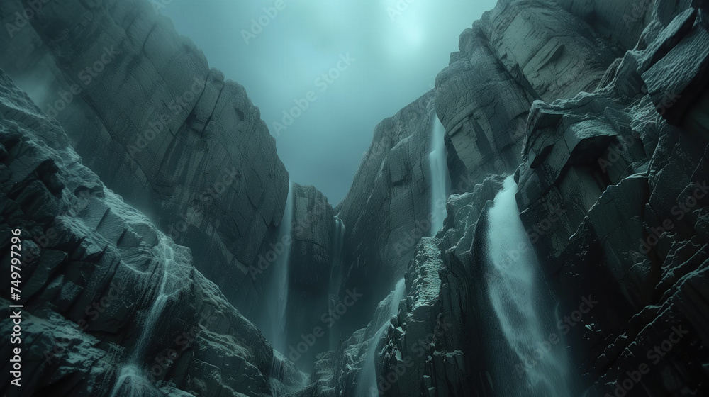 Mystic Waterfalls Cascading Down Towering Cliffs in a Fog-Enshrouded ...