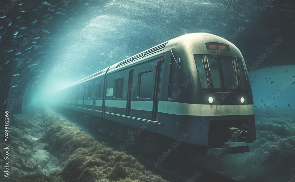 Train in Underwater railway. Underwater high-speed train on underway ...