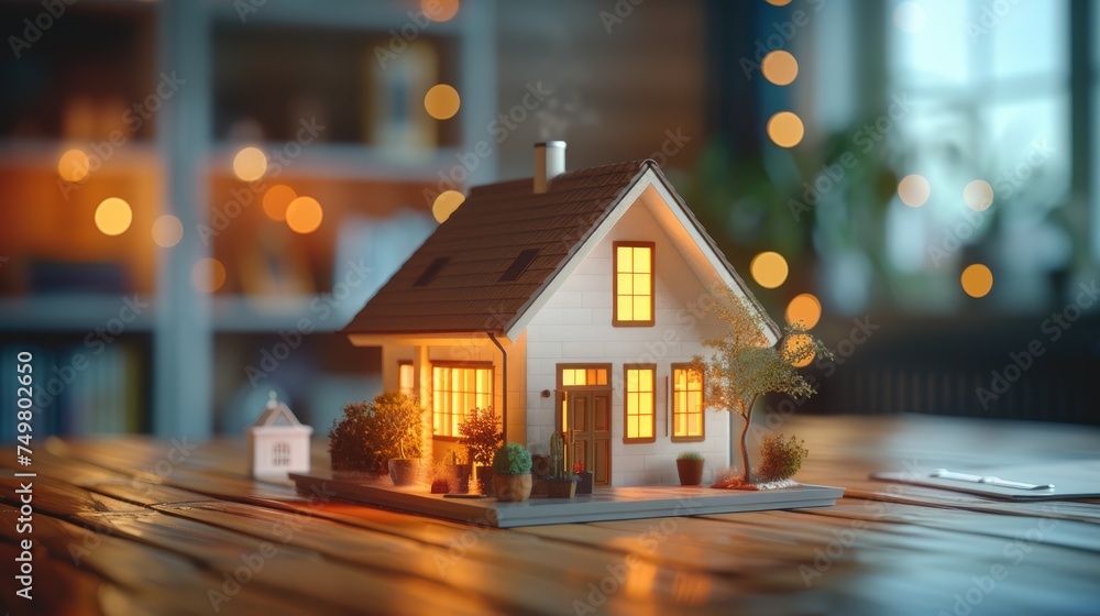 Miniature House Model at Twilight, charming 3D-rendered miniature house ...