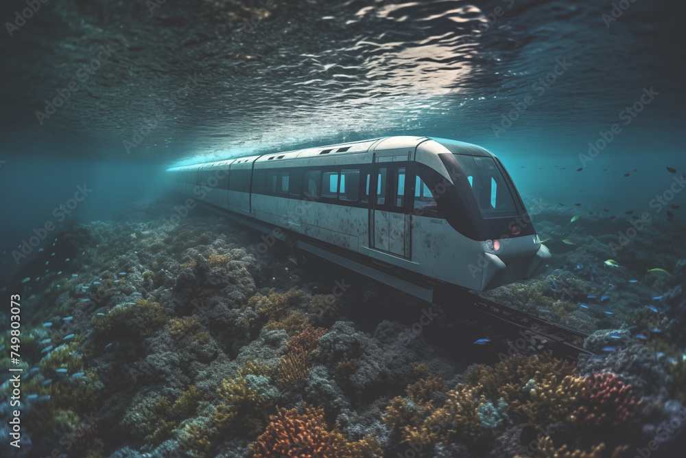 Train in Underwater railway. Underwater high-speed train on underway ...