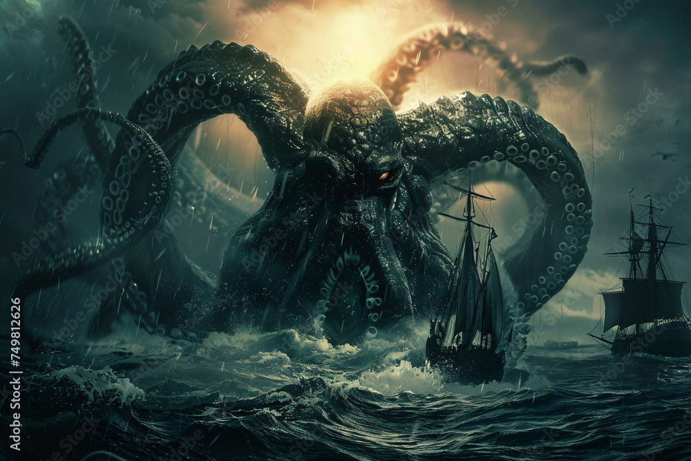 Powerful mythical kraken rising from the deep menacing ships Stock Illustration | Adobe Stock