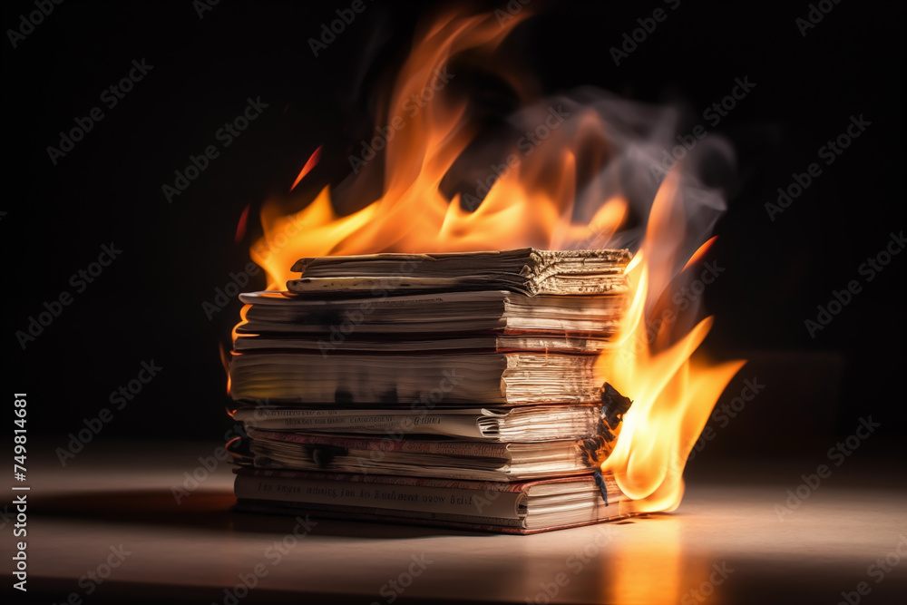 Newspapers in fire. Books and magazines on fire on black background ...