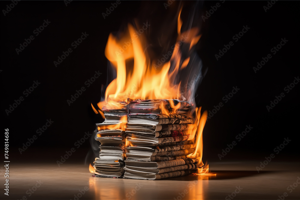 Newspapers in fire. Books and magazines on fire on black background ...
